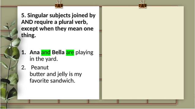 SUBJECT-VERB AGREEMENTS singular, plural | PPTX