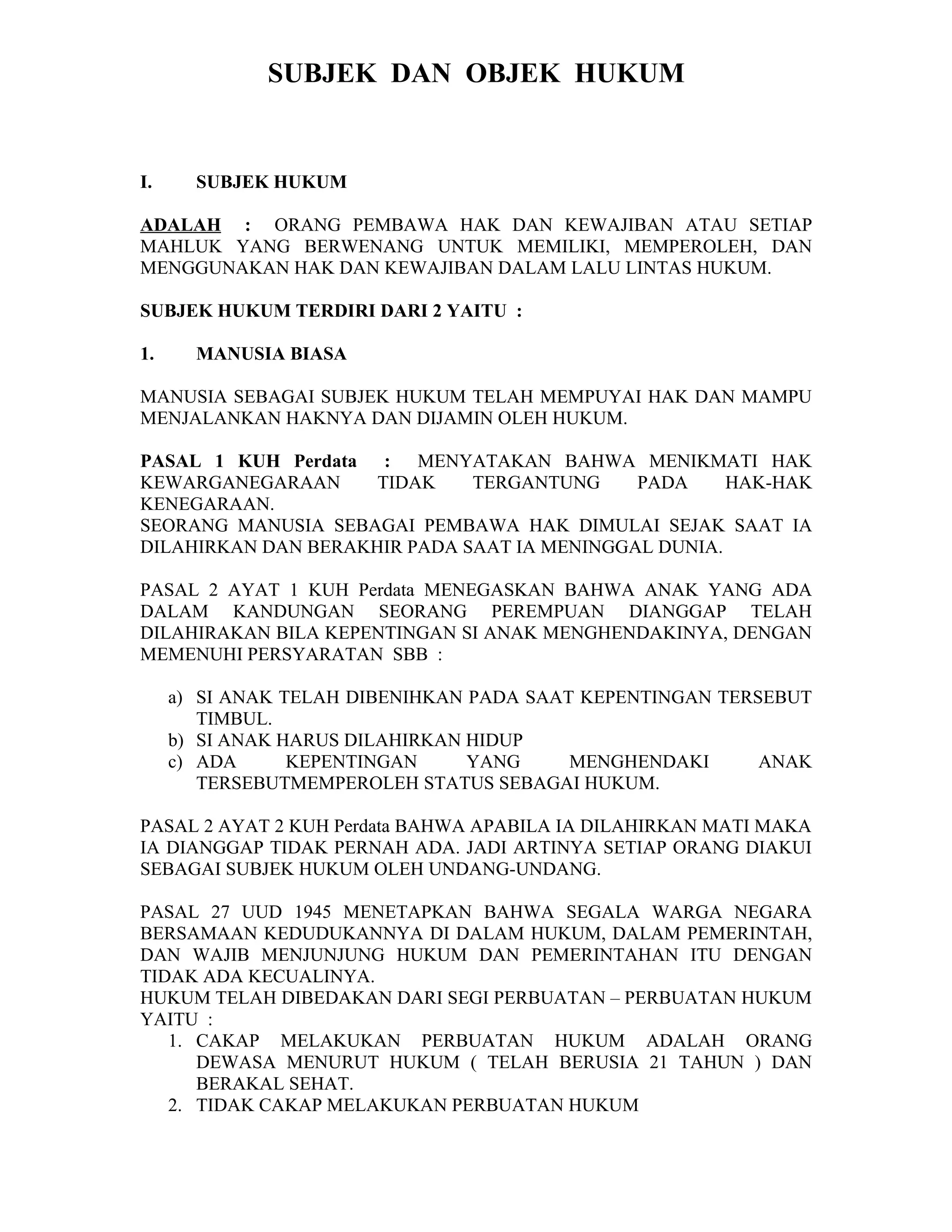 Subjek dan objek hukum | DOC