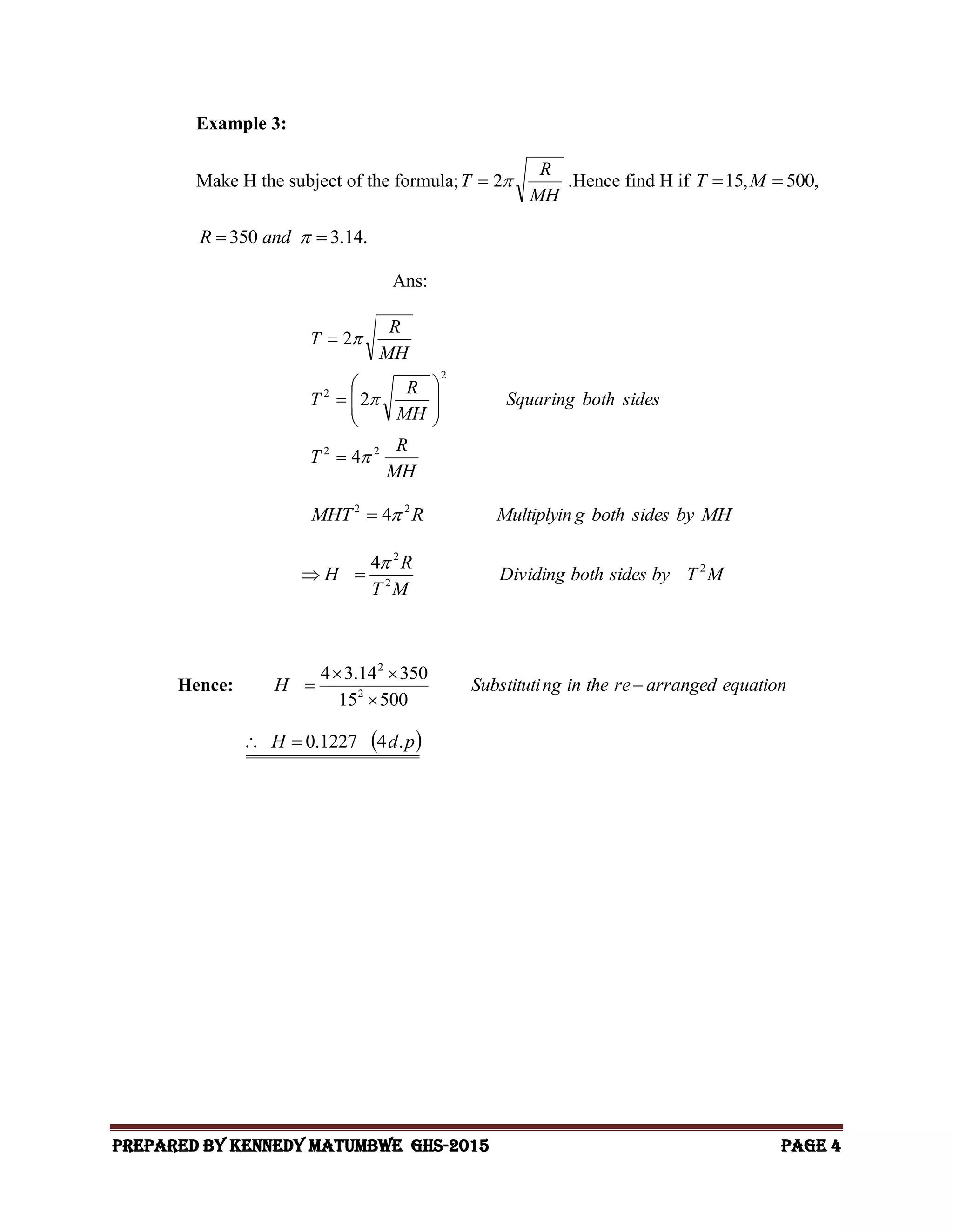 Algebra - Subject of formulae | PDF