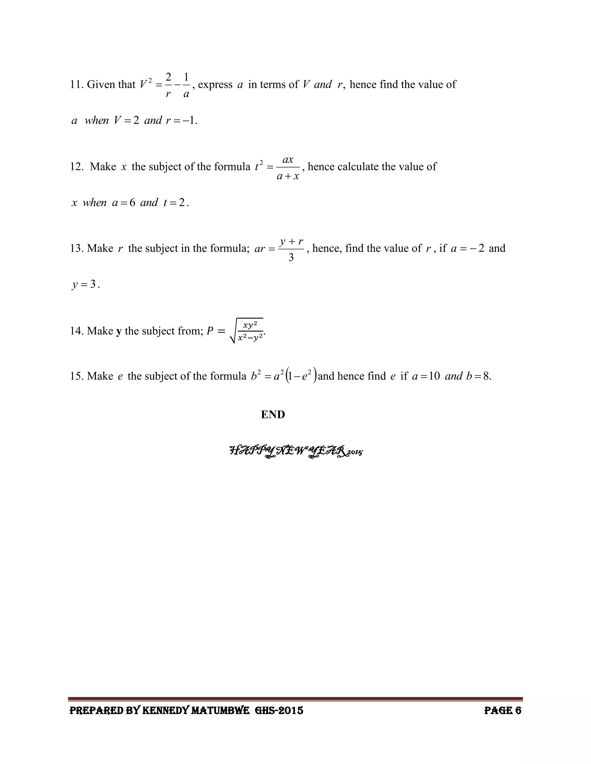 Algebra - Subject of formulae | PDF