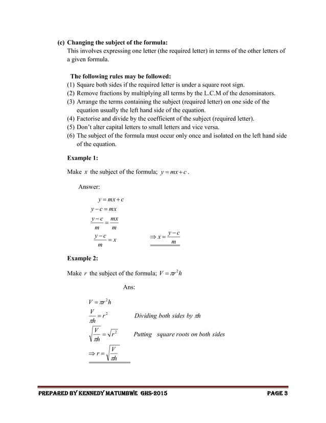 Algebra - Subject of formulae | PDF