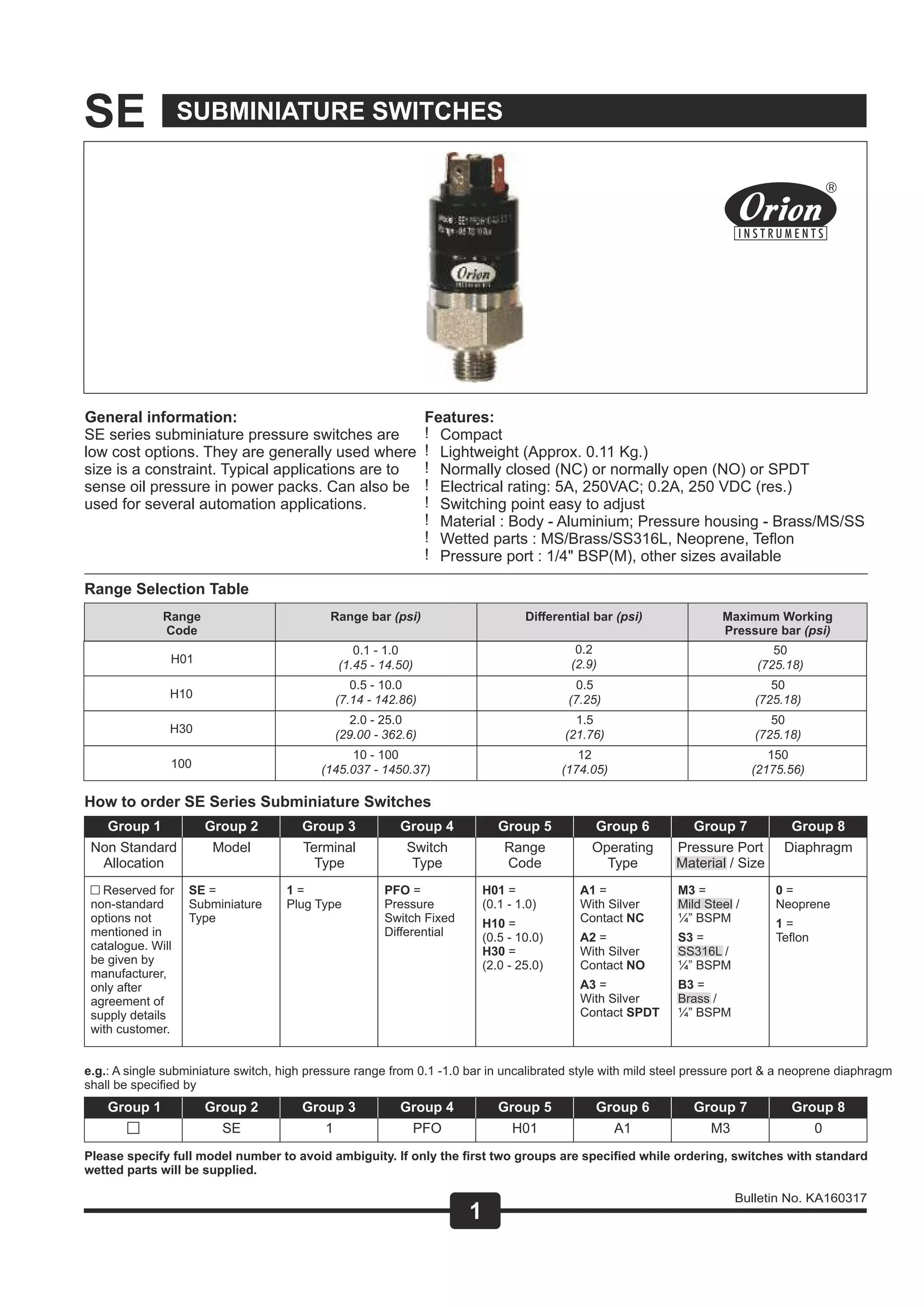 Subminiature Pressure Switch SE series | PDF | Chemistry | Science