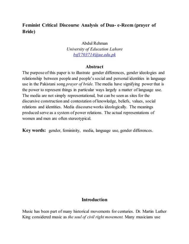 Feminist Critical Discourse Analysis Of Dua E Reem PDF Feminist Critical Discourse Analysis Of Dua E Reem PDF