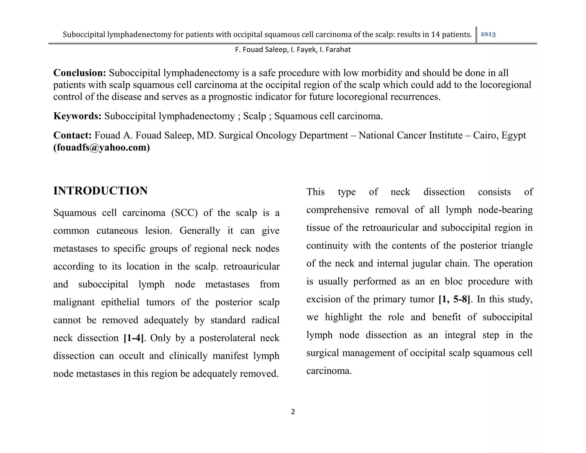 Suboccipital lymphadenectomy for patients with occipital squamous cell ...