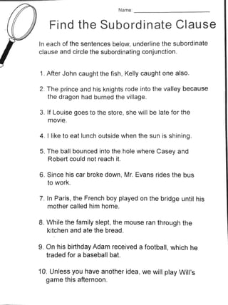 Subordinate Clause Worksheet