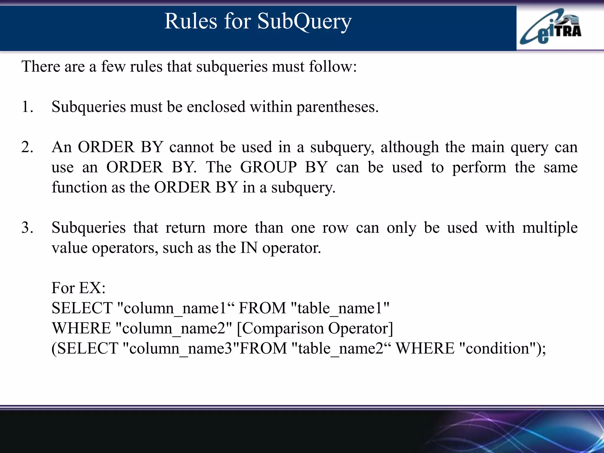 Sub query example with advantage and disadvantages | PPTX