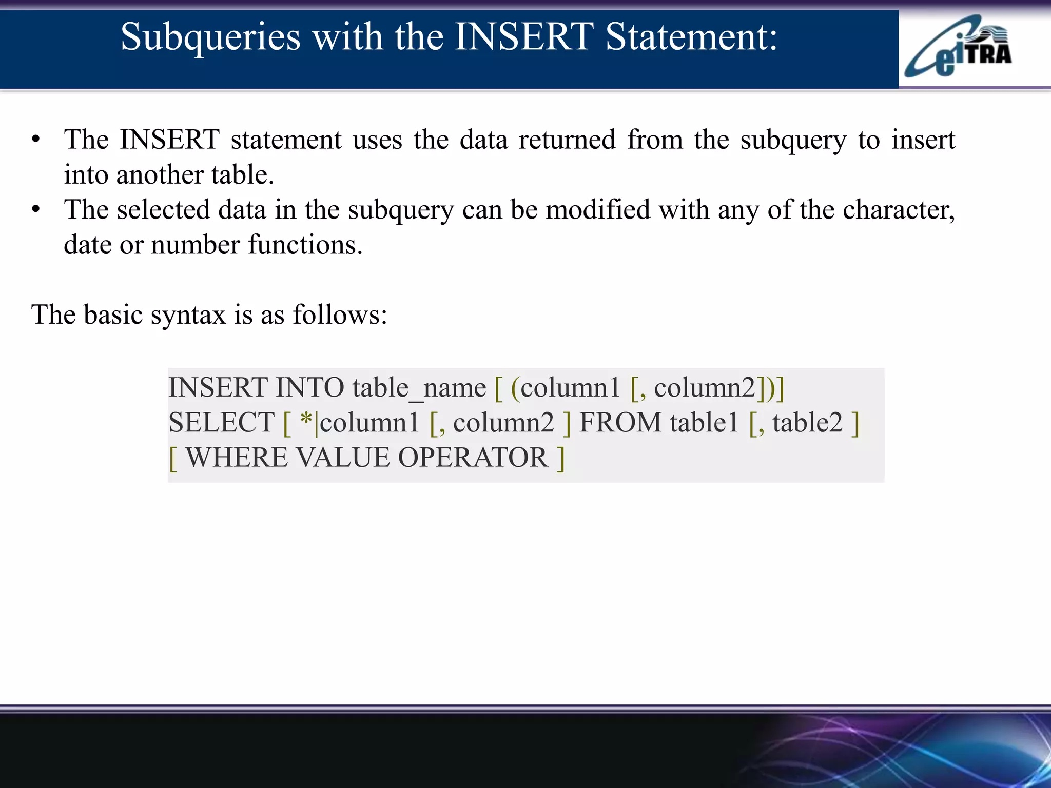 Sub query example with advantage and disadvantages | PPTX