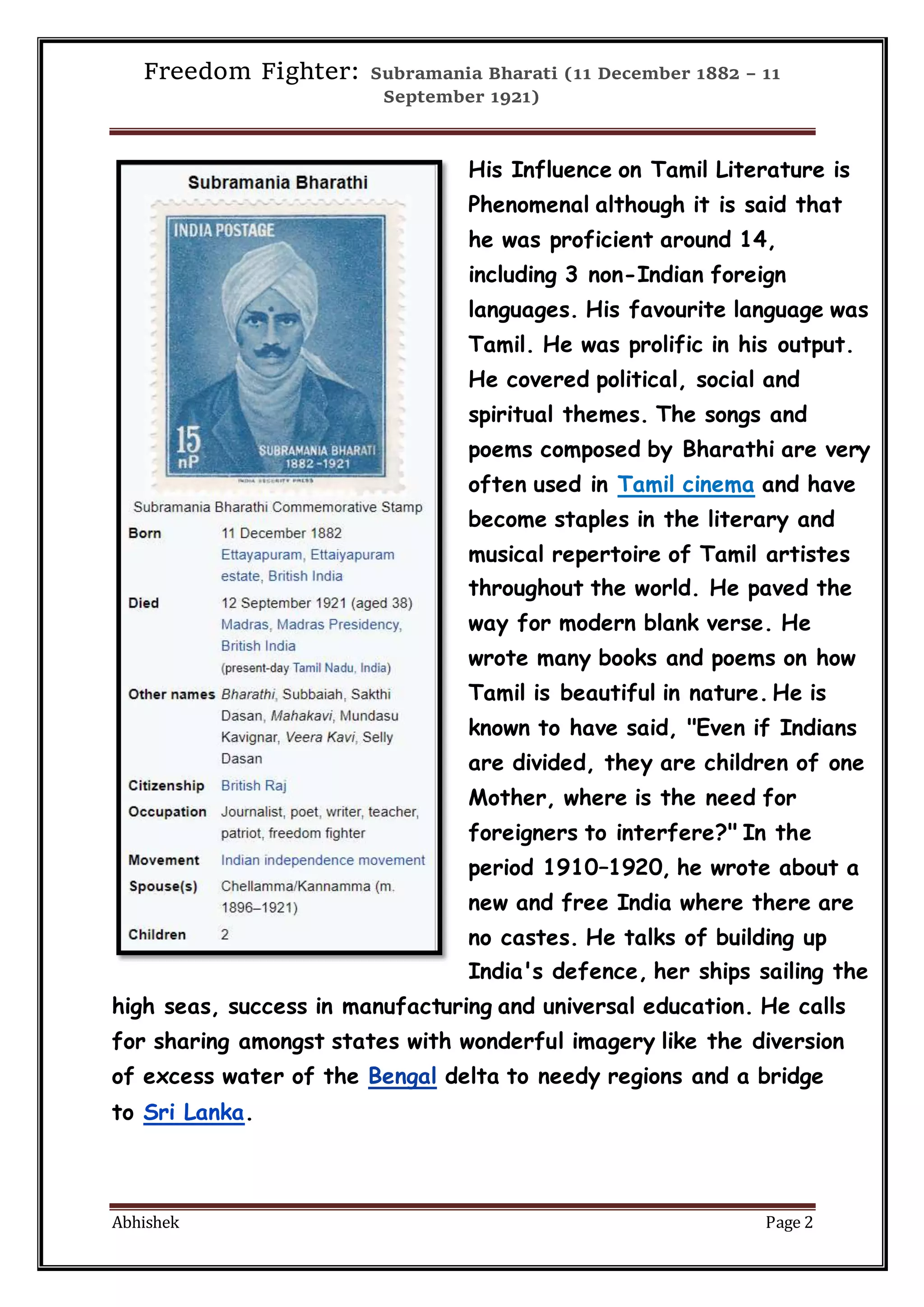 Subramania bharati was a tamil writer | DOCX
