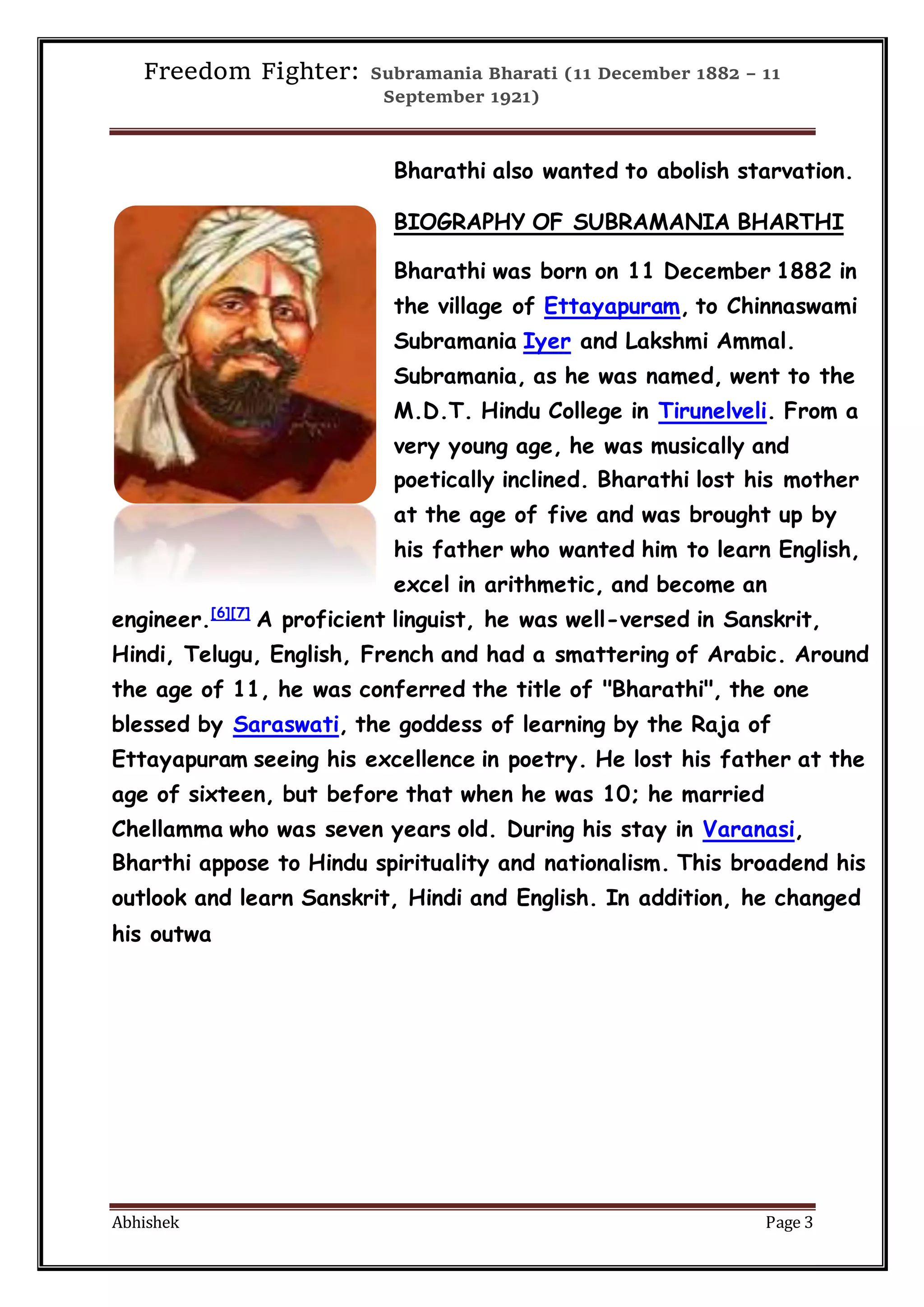 Subramania bharati was a tamil writer | DOCX