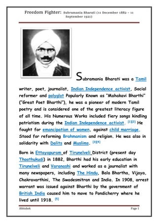 Subramania bharati was a tamil writer | DOCX