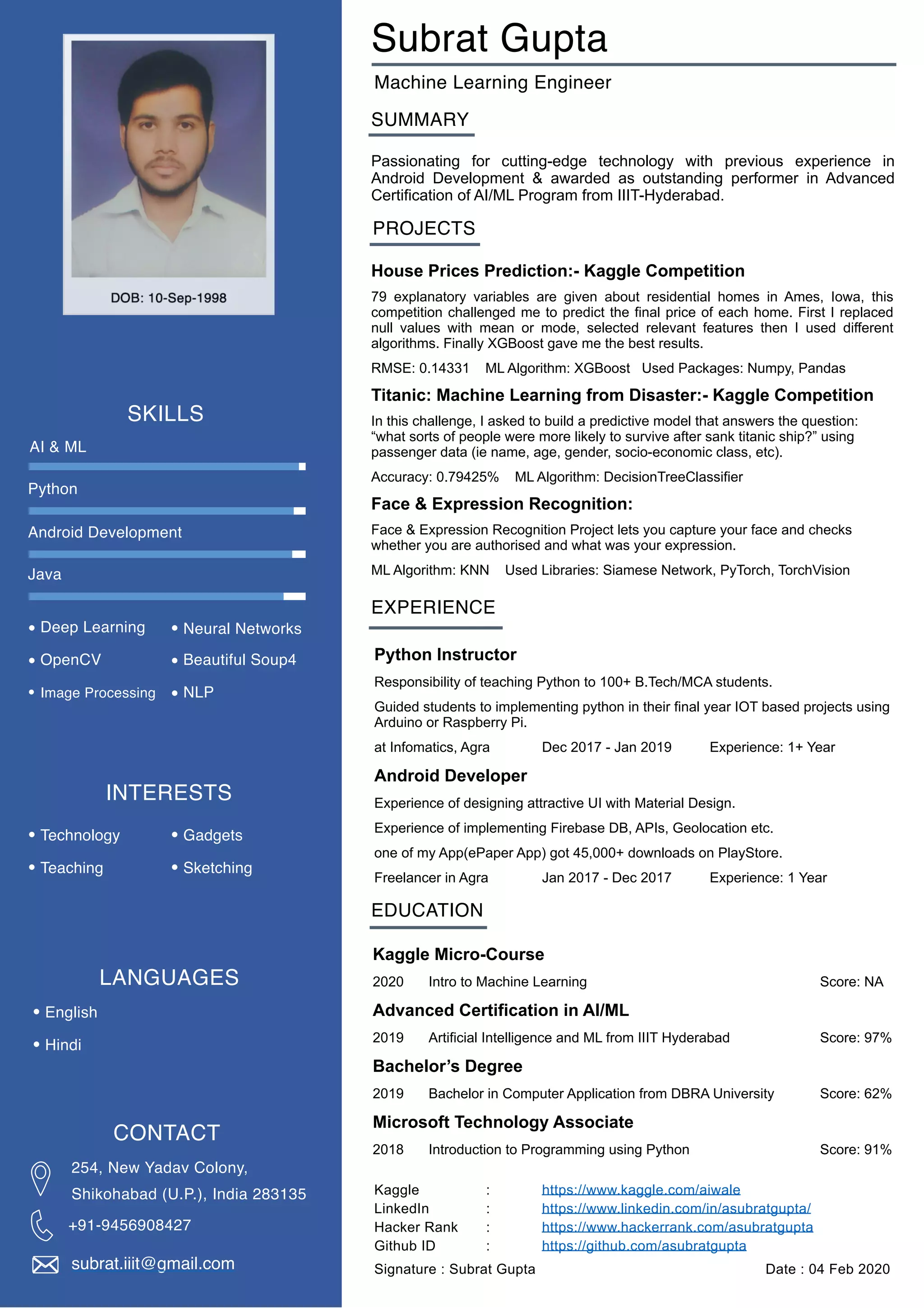 Subrat gupta's resume (Machine Learning Engineer & Trainer in Agra) | PDF