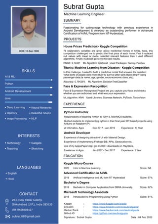 Subrat gupta's resume (Machine Learning Engineer & Trainer in Agra) | PDF