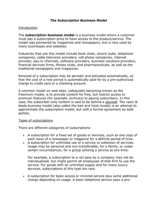 Subscription business model | DOCX | Business | Business and Finance