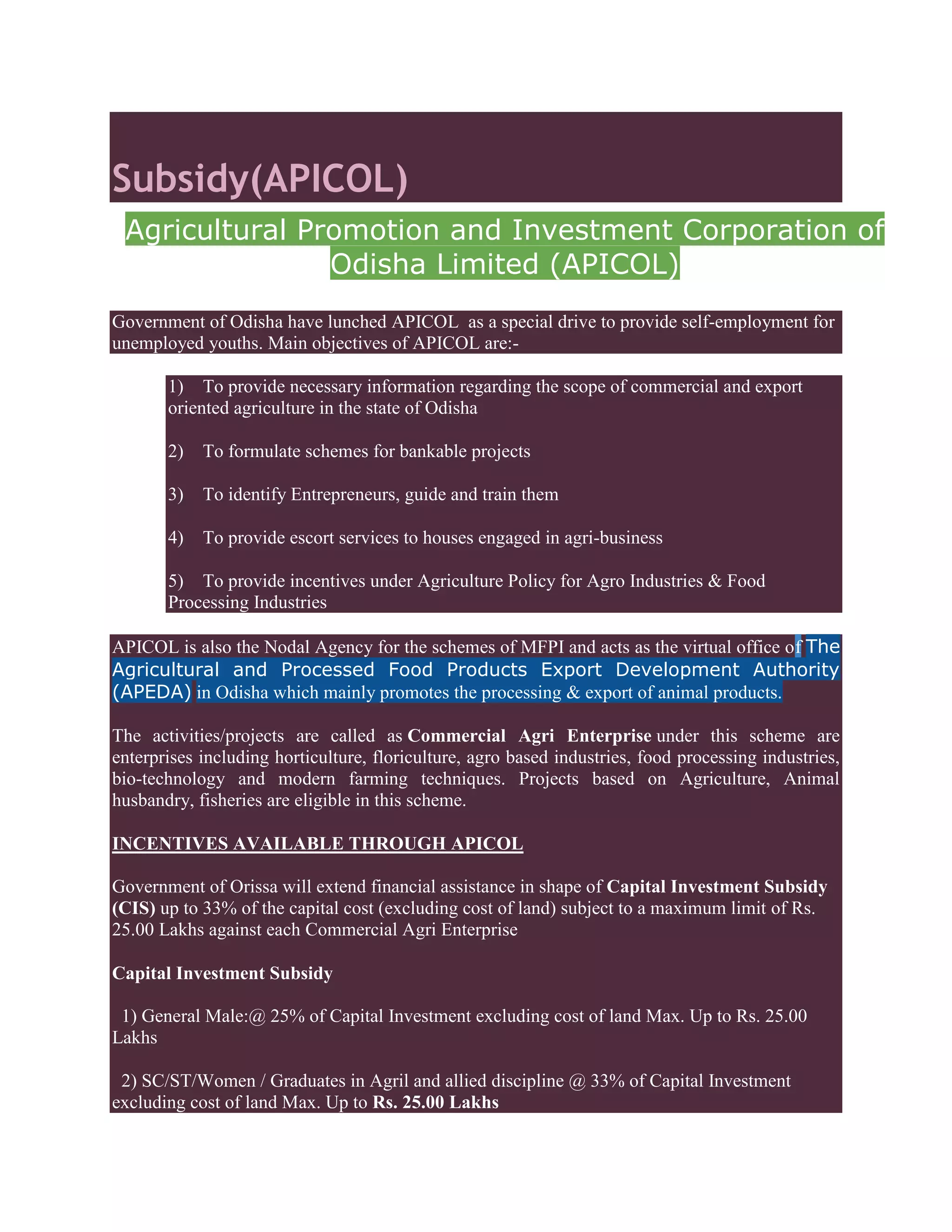 Subsidy apicol for finance, subsidy & project related support contact - 9861458008 | DOCX ...