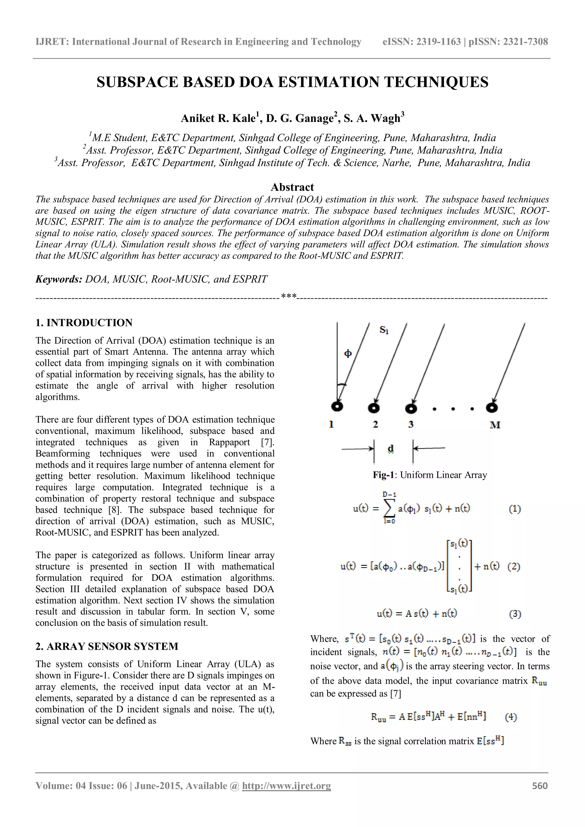 Subspace Based Doa Estimation Techniques Pdf Digital Audio Computer Software And Applications