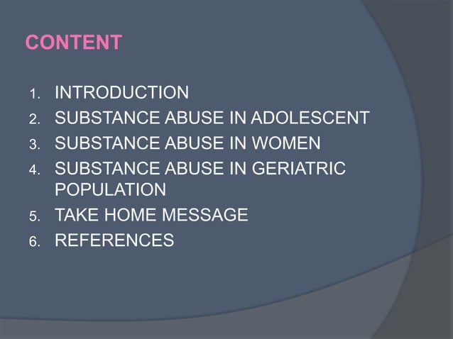 Substance abuse in special population | PPTX | Substance Abuse | Diseases and Conditions