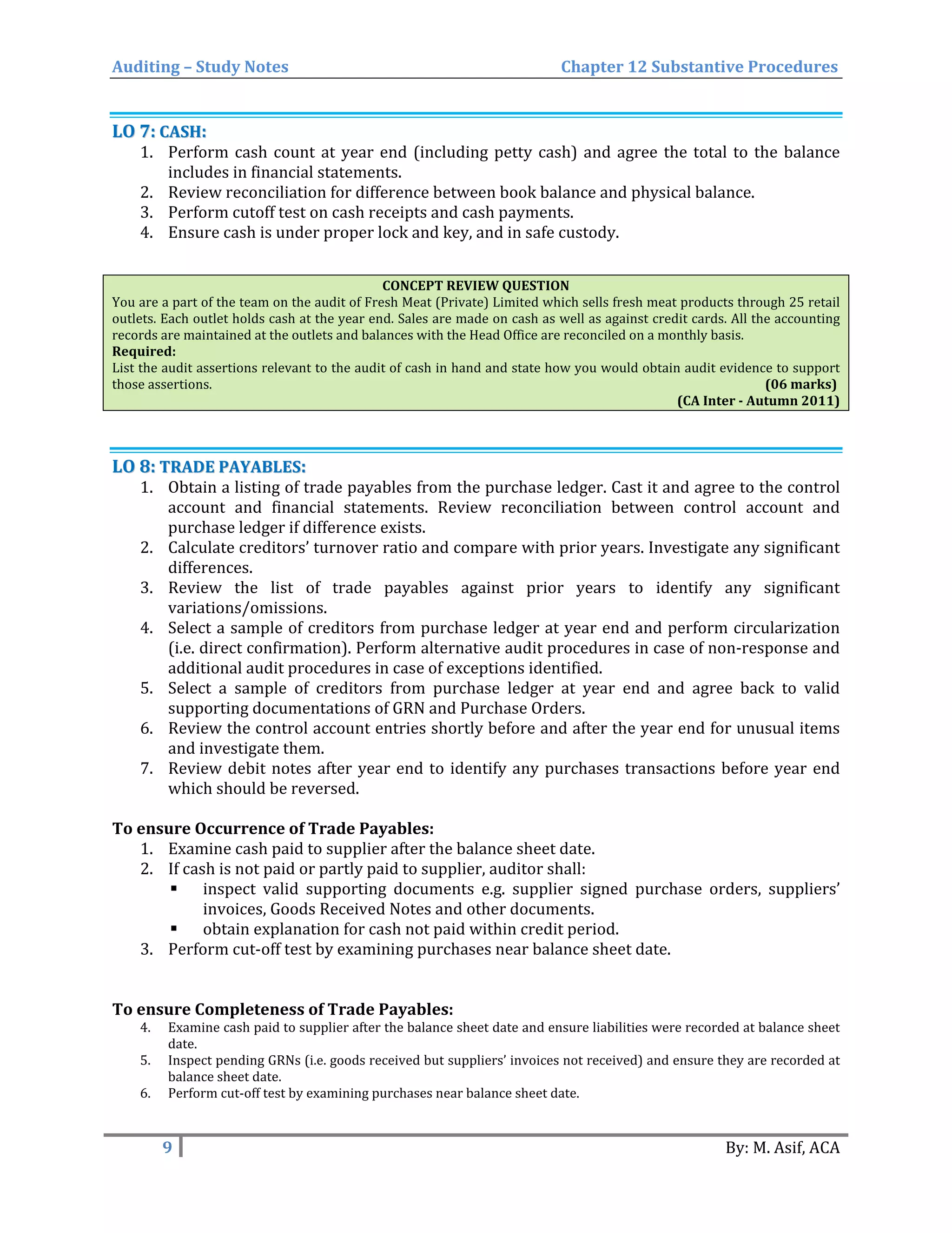 Substantive Procedures - AUDITING STUDY NOTES | PDF
