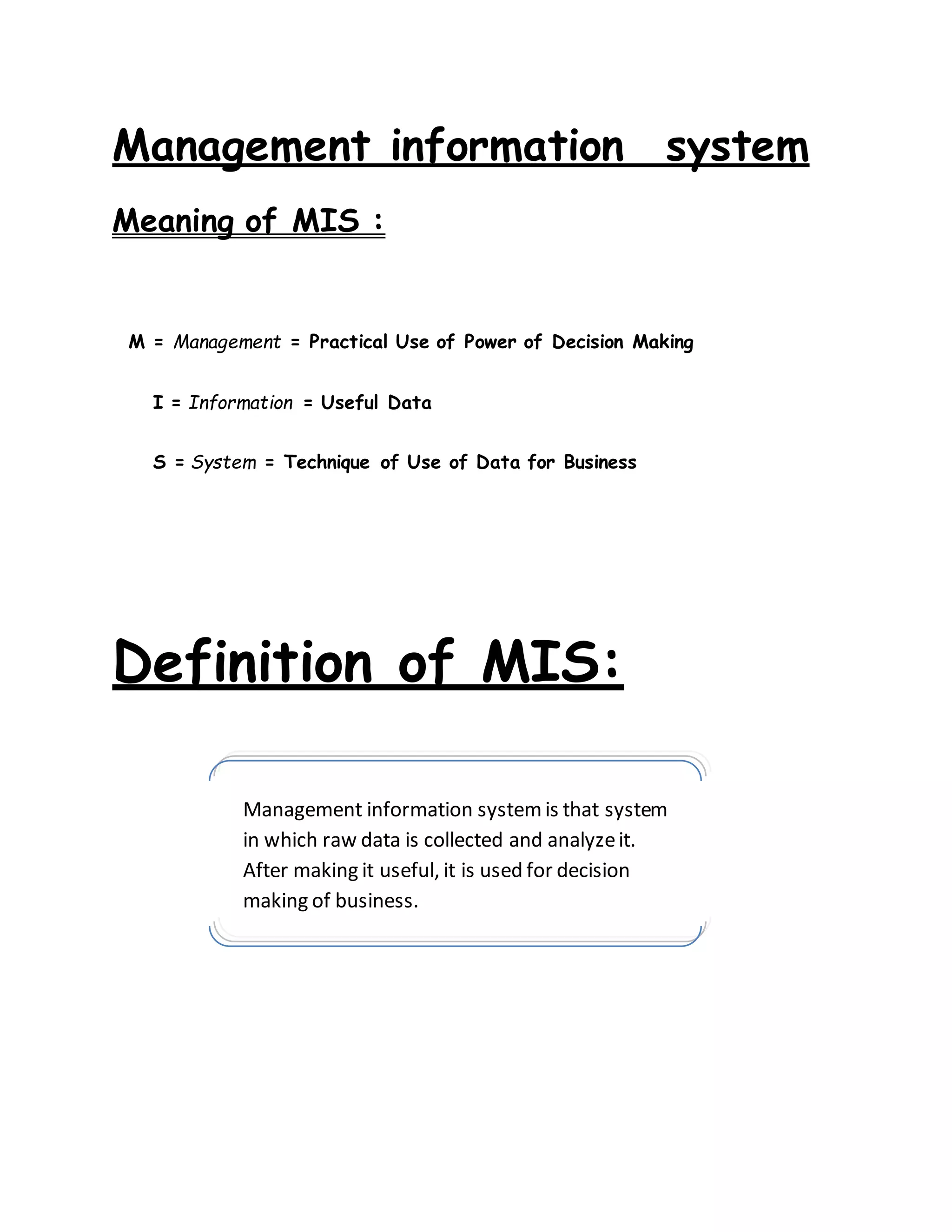 Sub systems of information system - MIS | DOCX