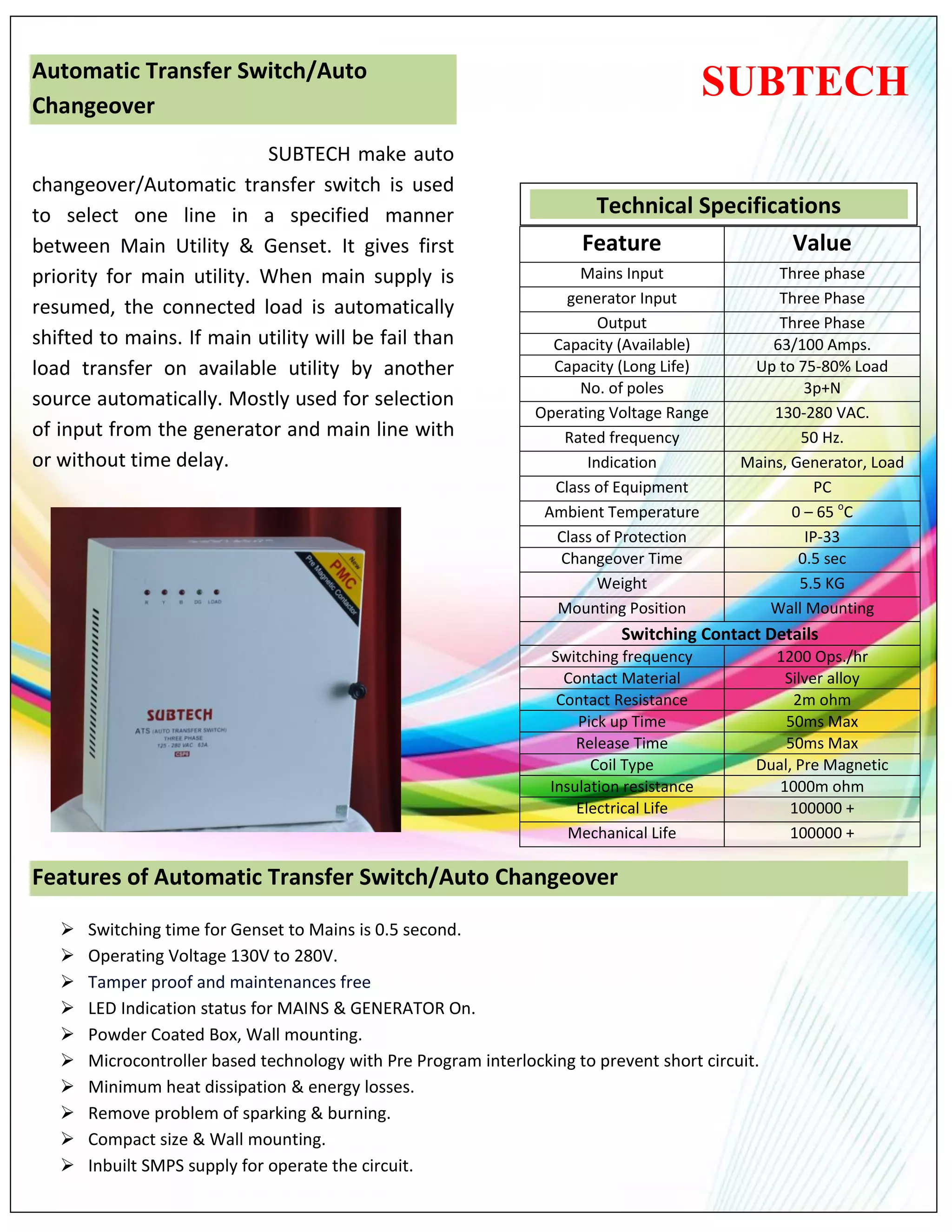 Subtech:Automatic Changeover,ACCL, AMF Panel, Motor Starter etc. | PDF