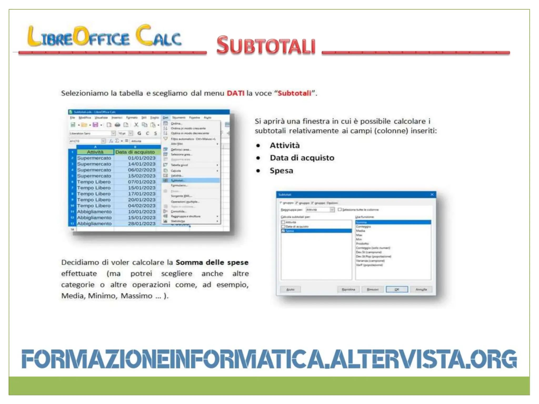 esercitazione su Subtotali con LibreOffice Calc | PPTX | Computer ...