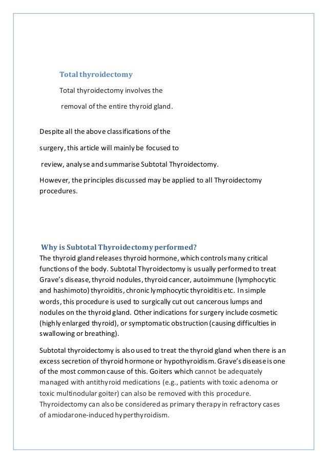 Subtotal thyroidectomy document | DOCX | Thyroid Disorders | Endocrine ...