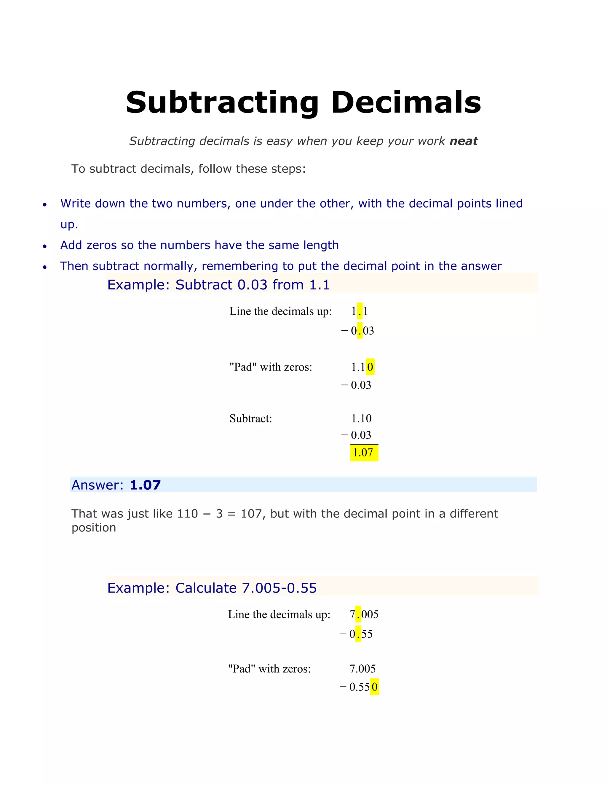Subtracting decimals | PDF