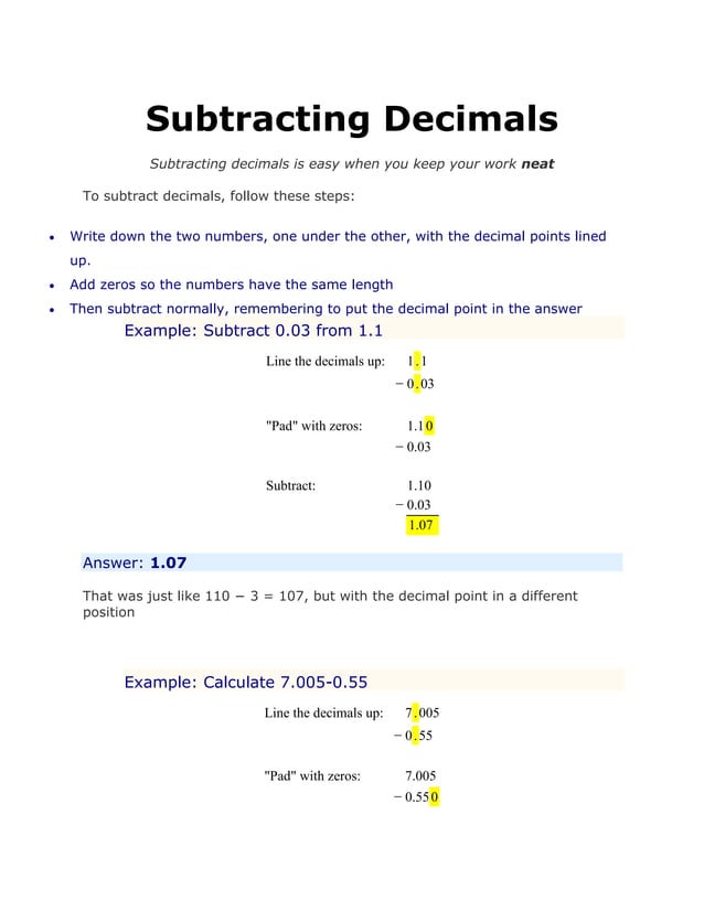 Subtracting decimals | PDF