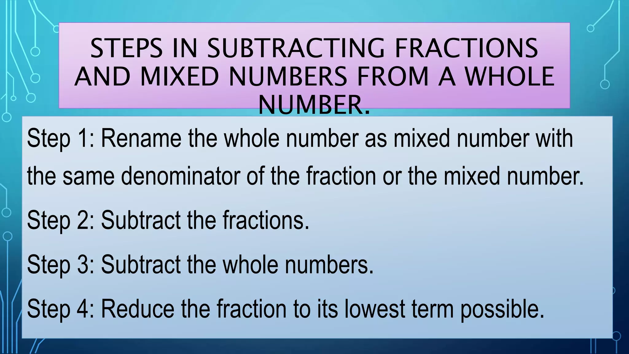 Subtracting fractions and mixed numbers from a whole | PPTX
