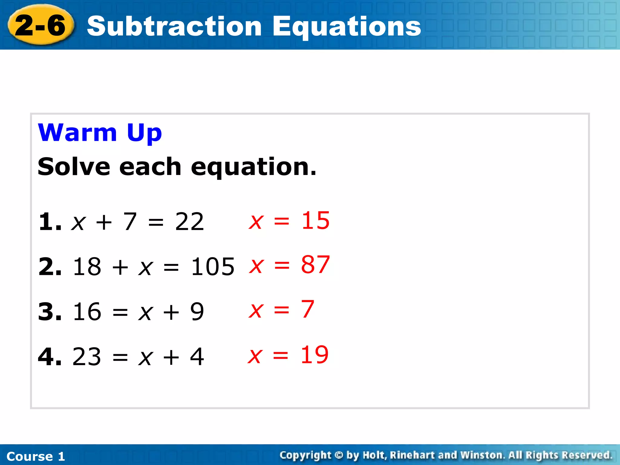 Subtraction equations | PPT