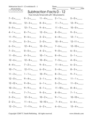 Subtraction fluency drill math facts | PDF