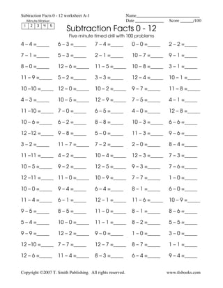 Subtraction fluency drill math facts | PDF