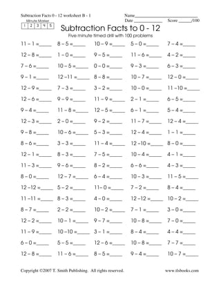 Subtraction fluency drill math facts | PDF