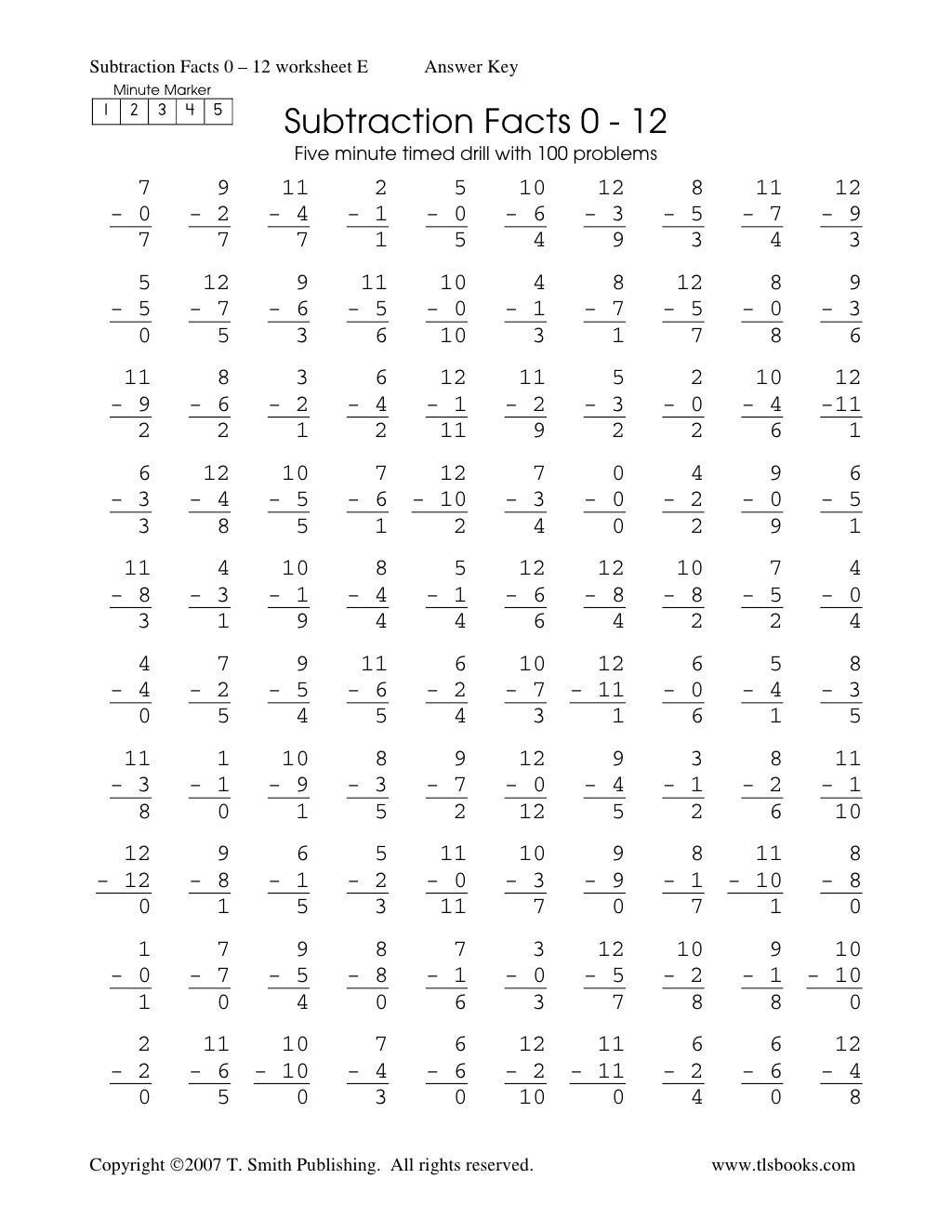 Subtraction Fluency Drill Math Facts Subtraction Fluency Drill Math Facts