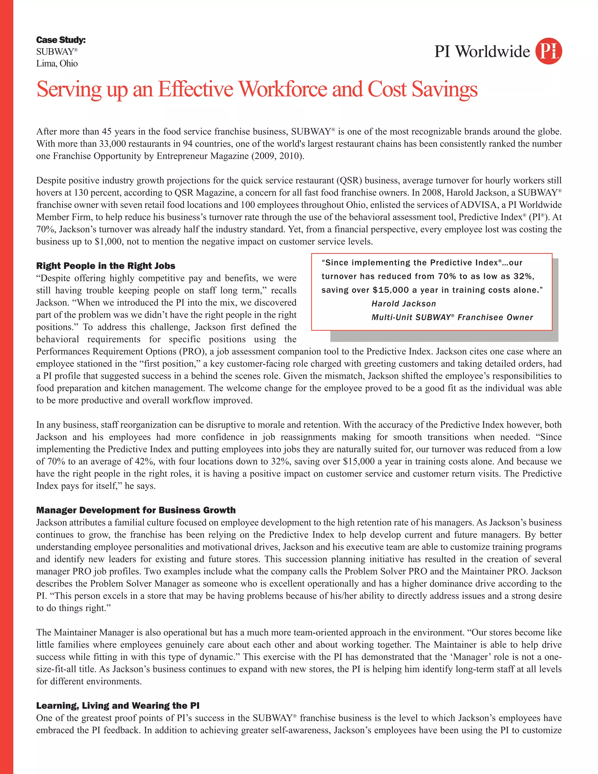 Subway Subs Reduces Turnover By 70% | PDF