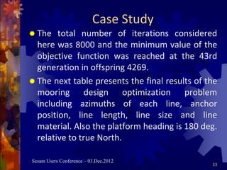 SUC Brasil 2012 : Optimization of a Floating Platforms Mooring System Based on a Genetic ...