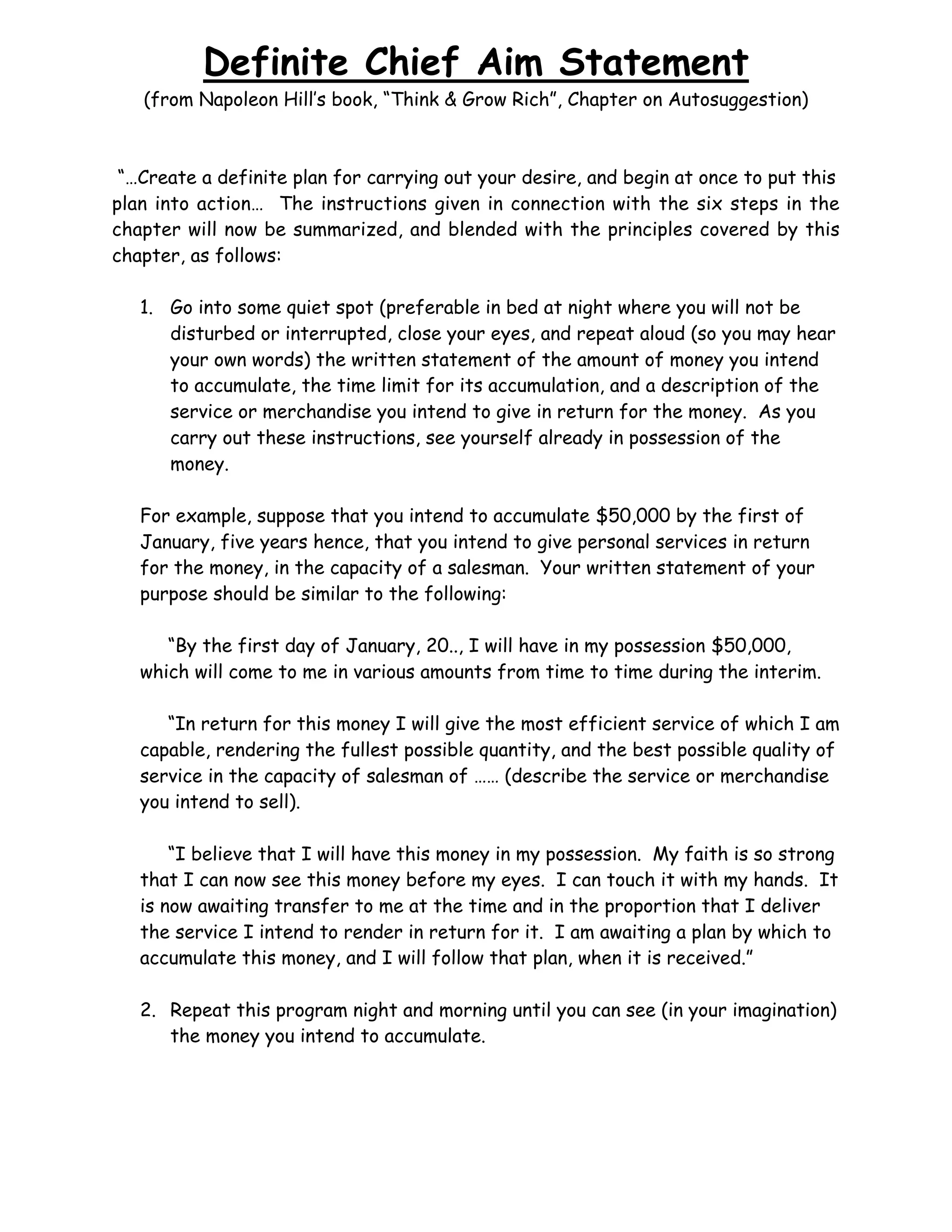 Success Napoleon Hill - chief aim statement | PDF