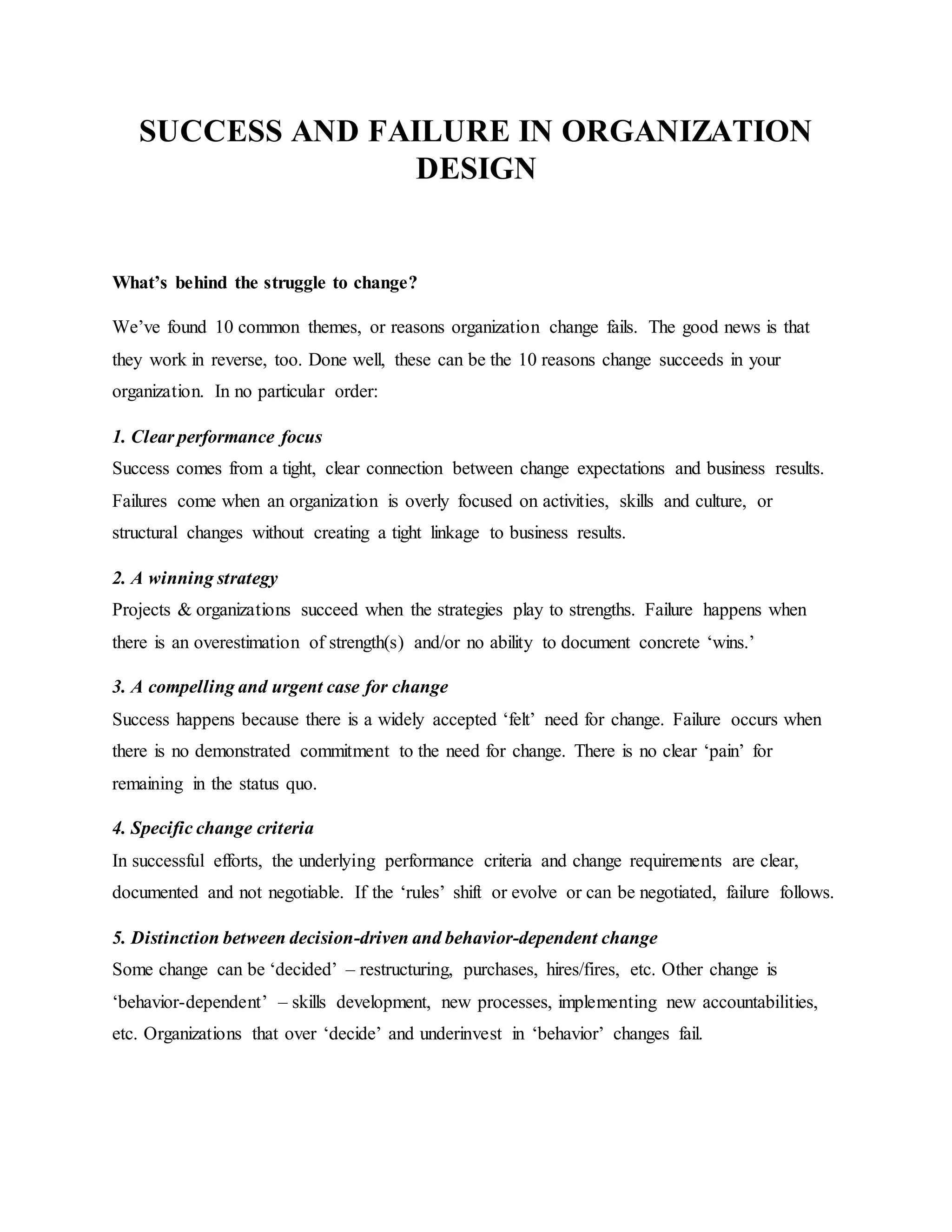 Success and failure in organization design | PDF