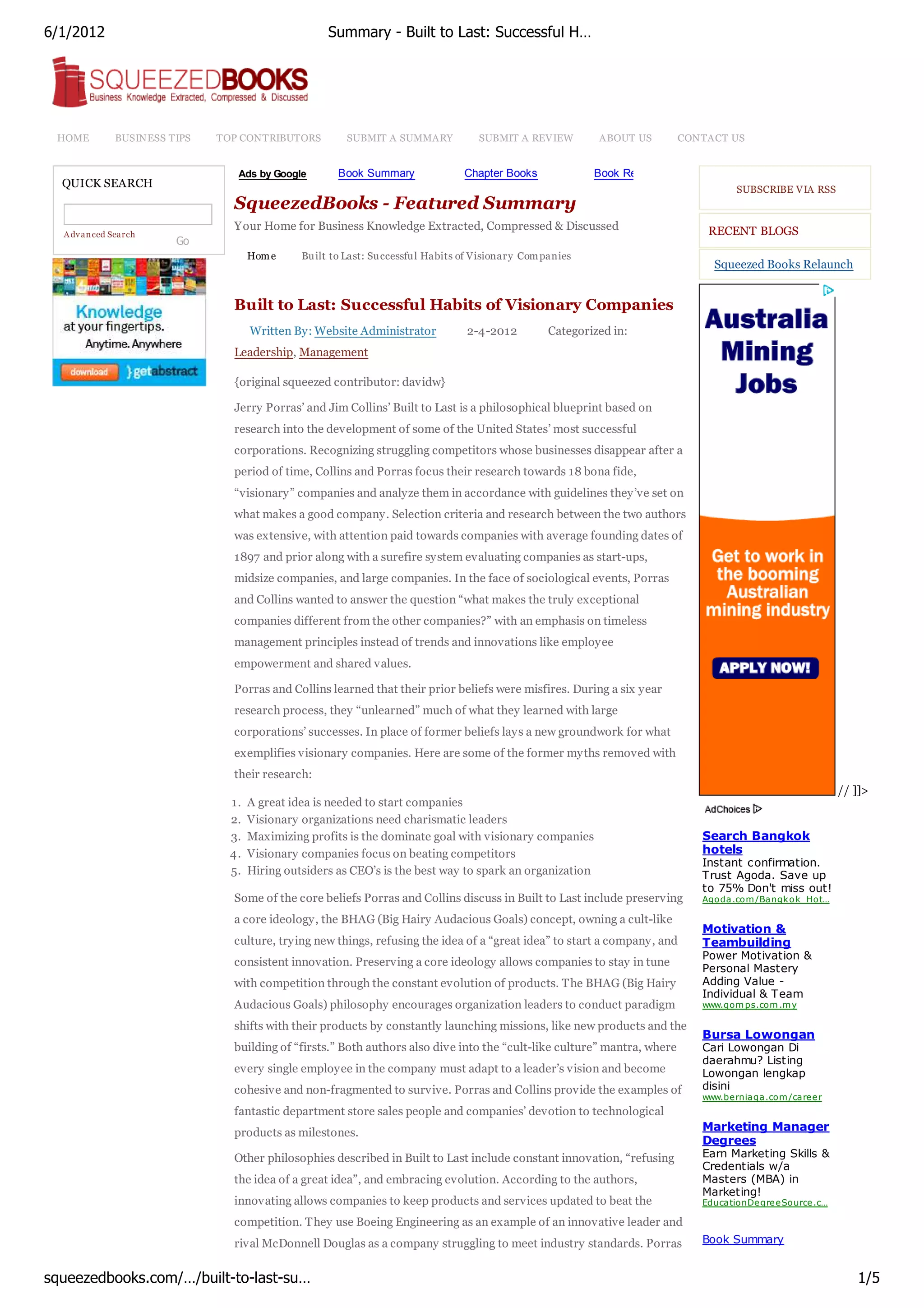 Successful habits of visionary companies jim collins, jerry i. porras | PDF