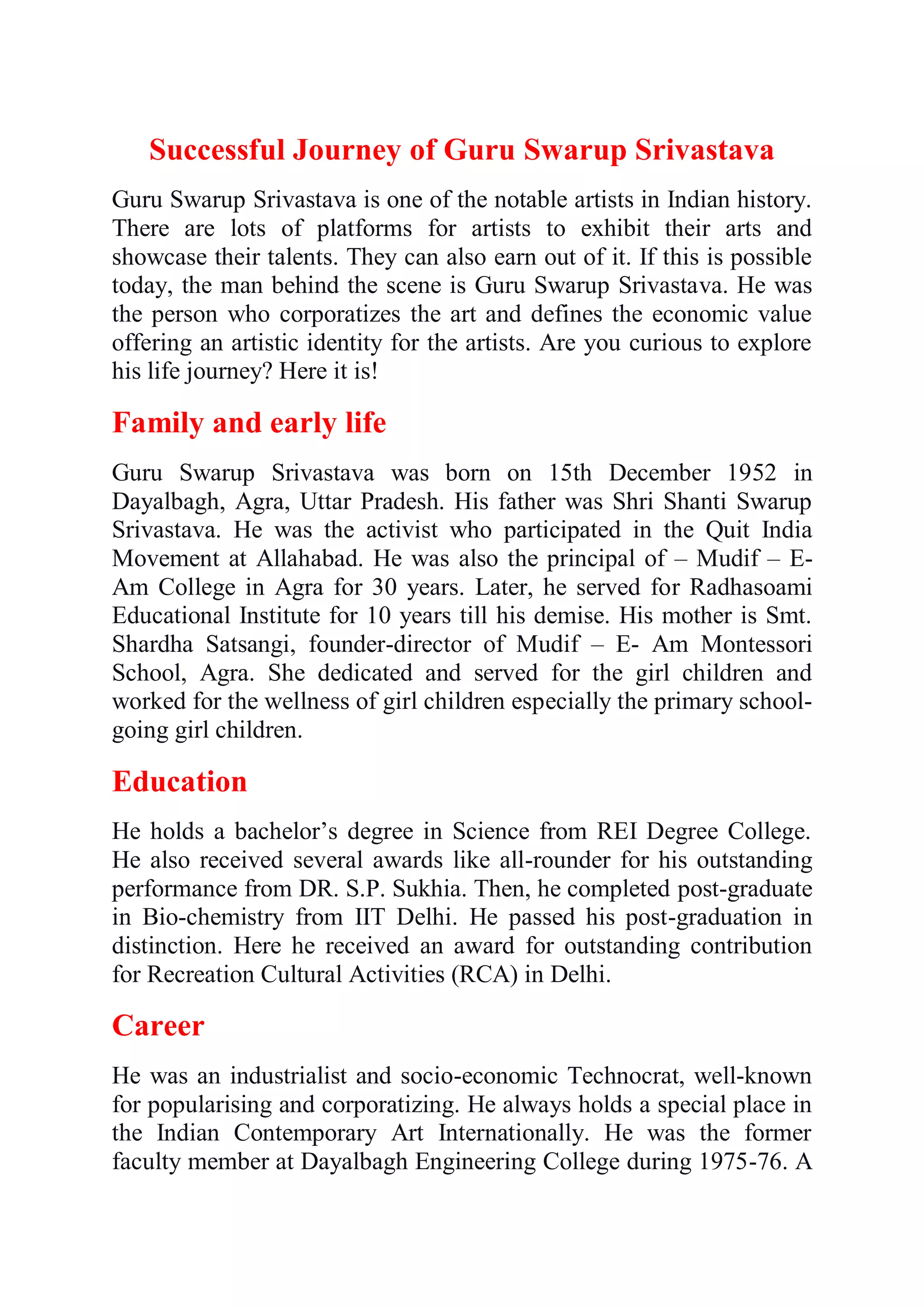 Successful journey of guru swarup srivastava | PDF