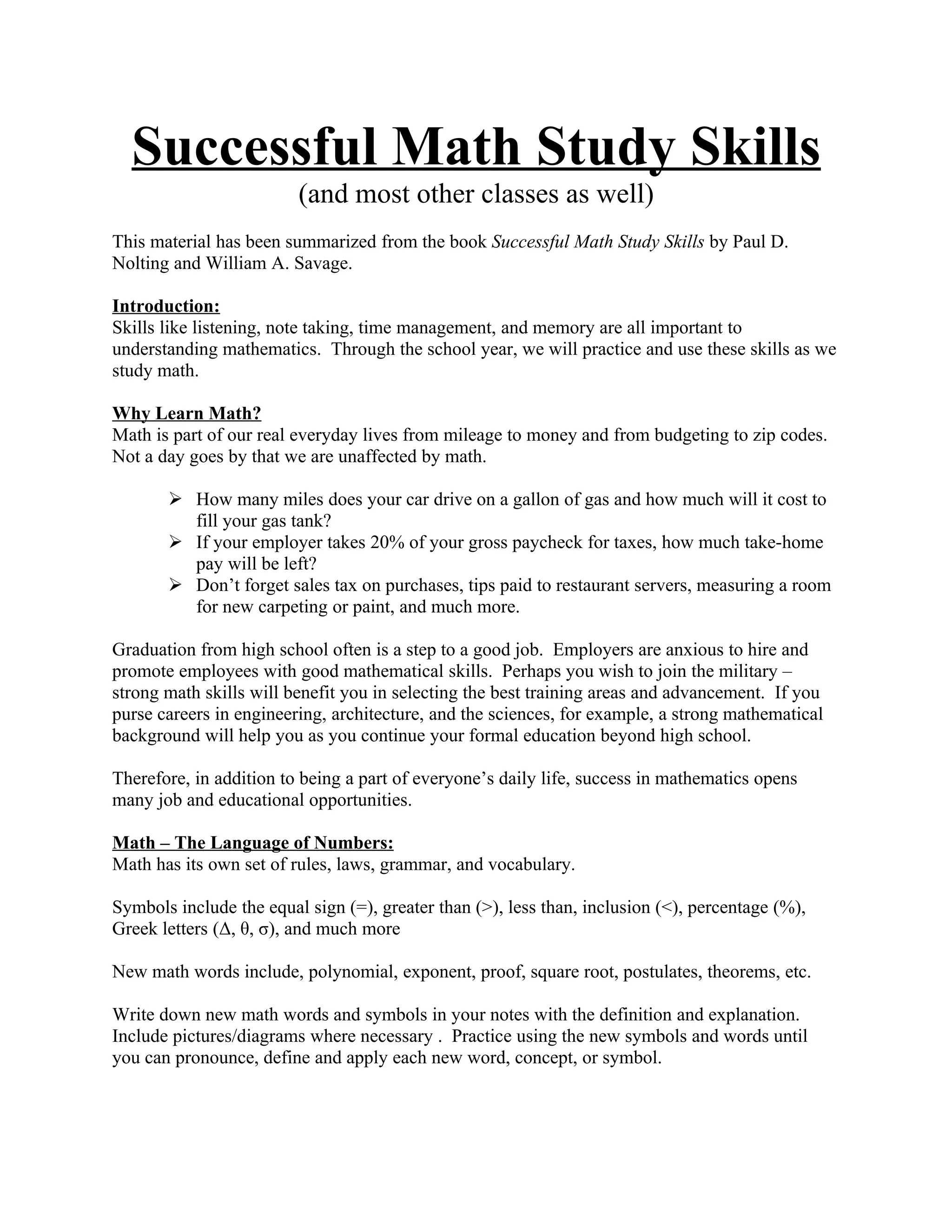 Successful Math Study Skills | DOC | Education