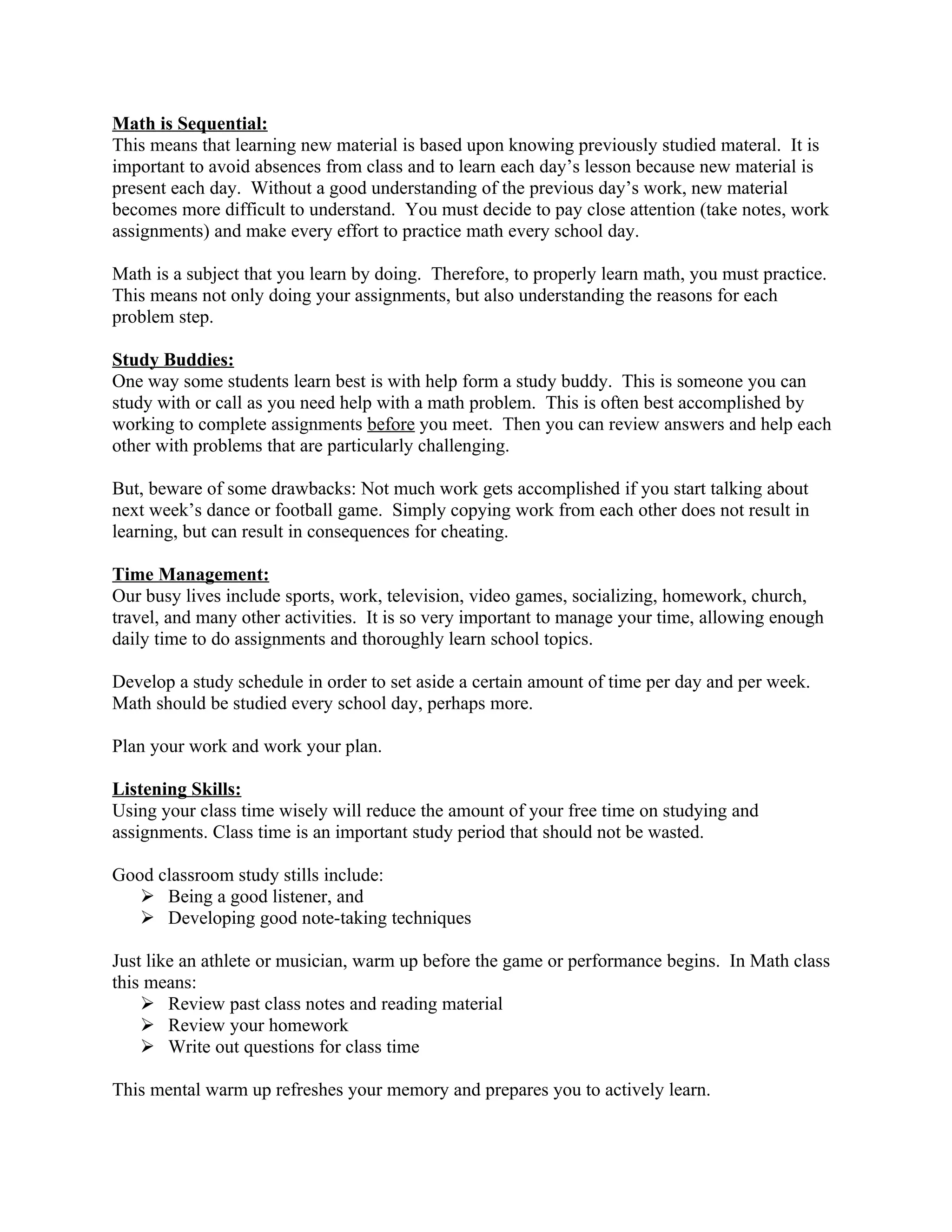 Successful Math Study Skills | DOC