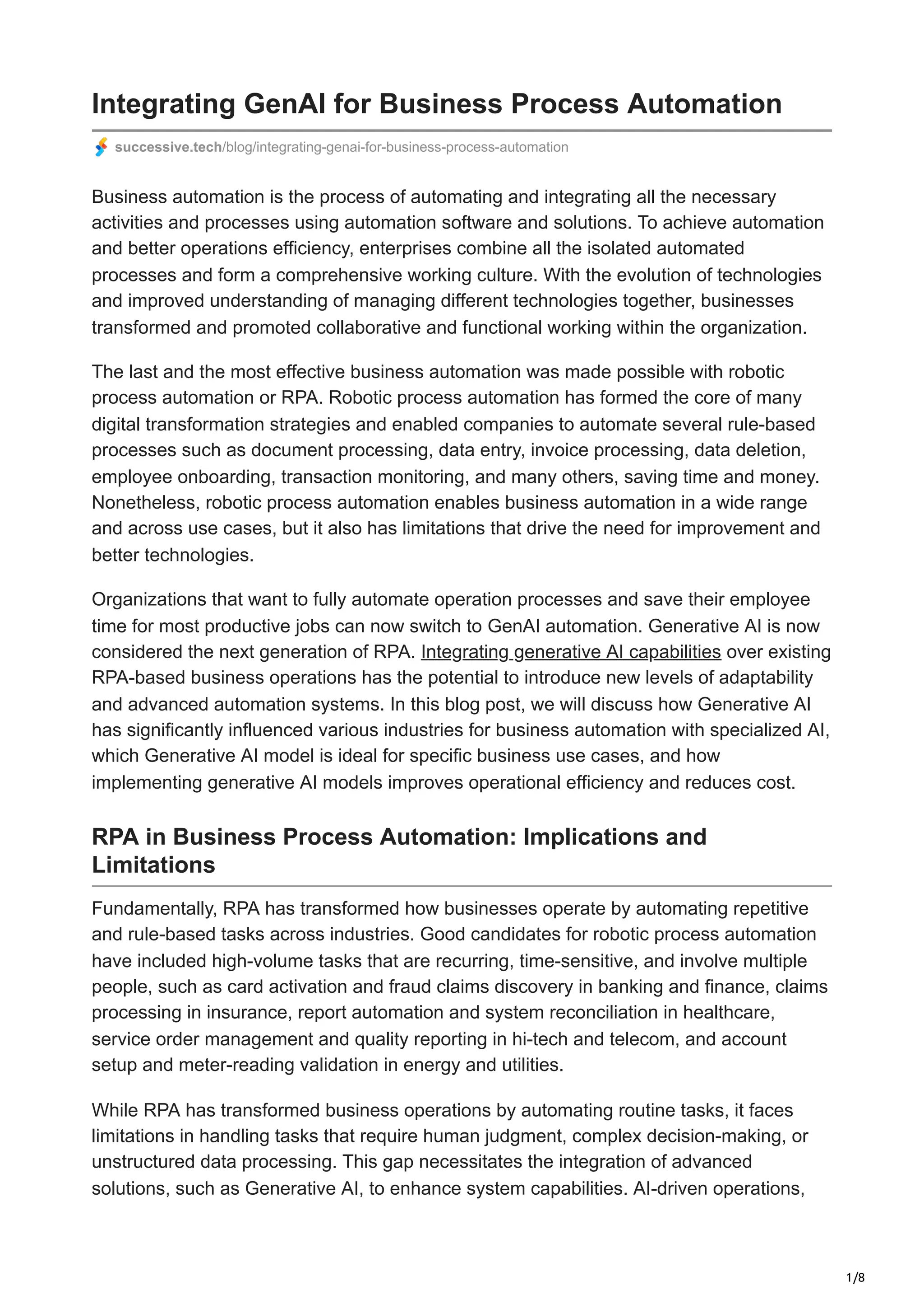 Integrating GenAI for Business Process Automation | PDF