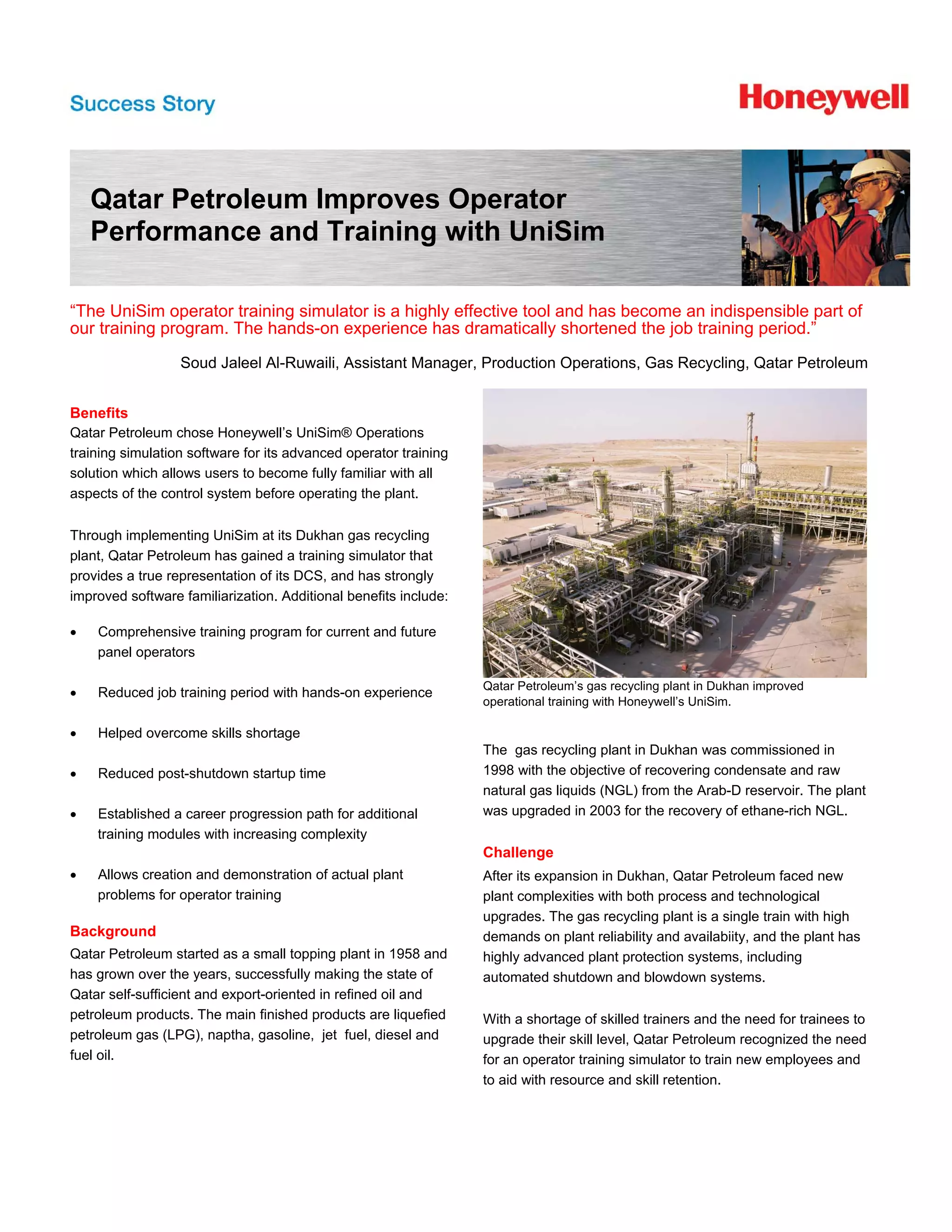 Qatar Petroleum Improves Operator Performance and Training with UniSim ...