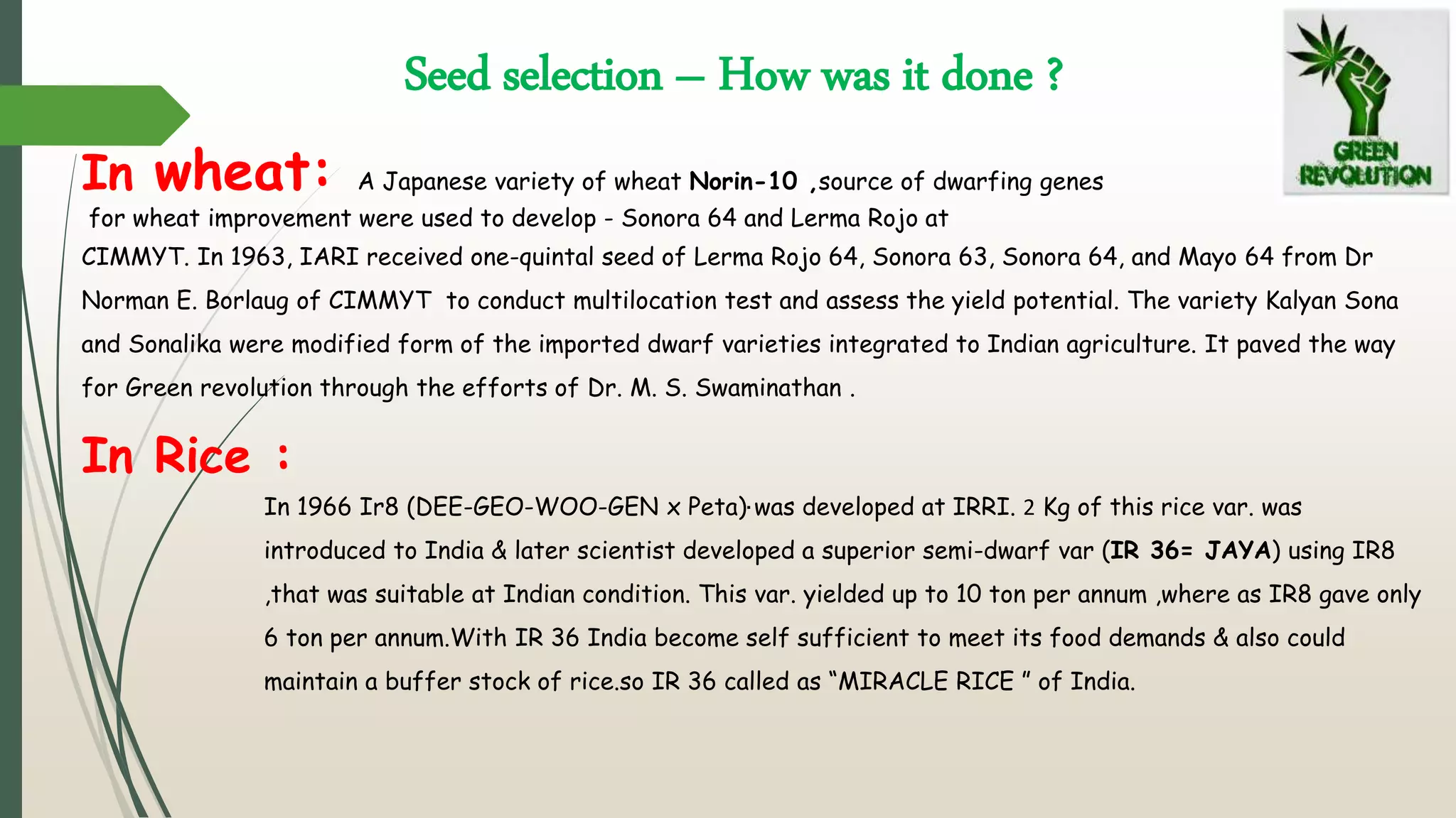 Succes story of green revolution | PPTX | Agriculture | Industries