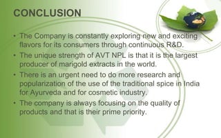 Sudheesh organiations study at avt natural products | PPTX