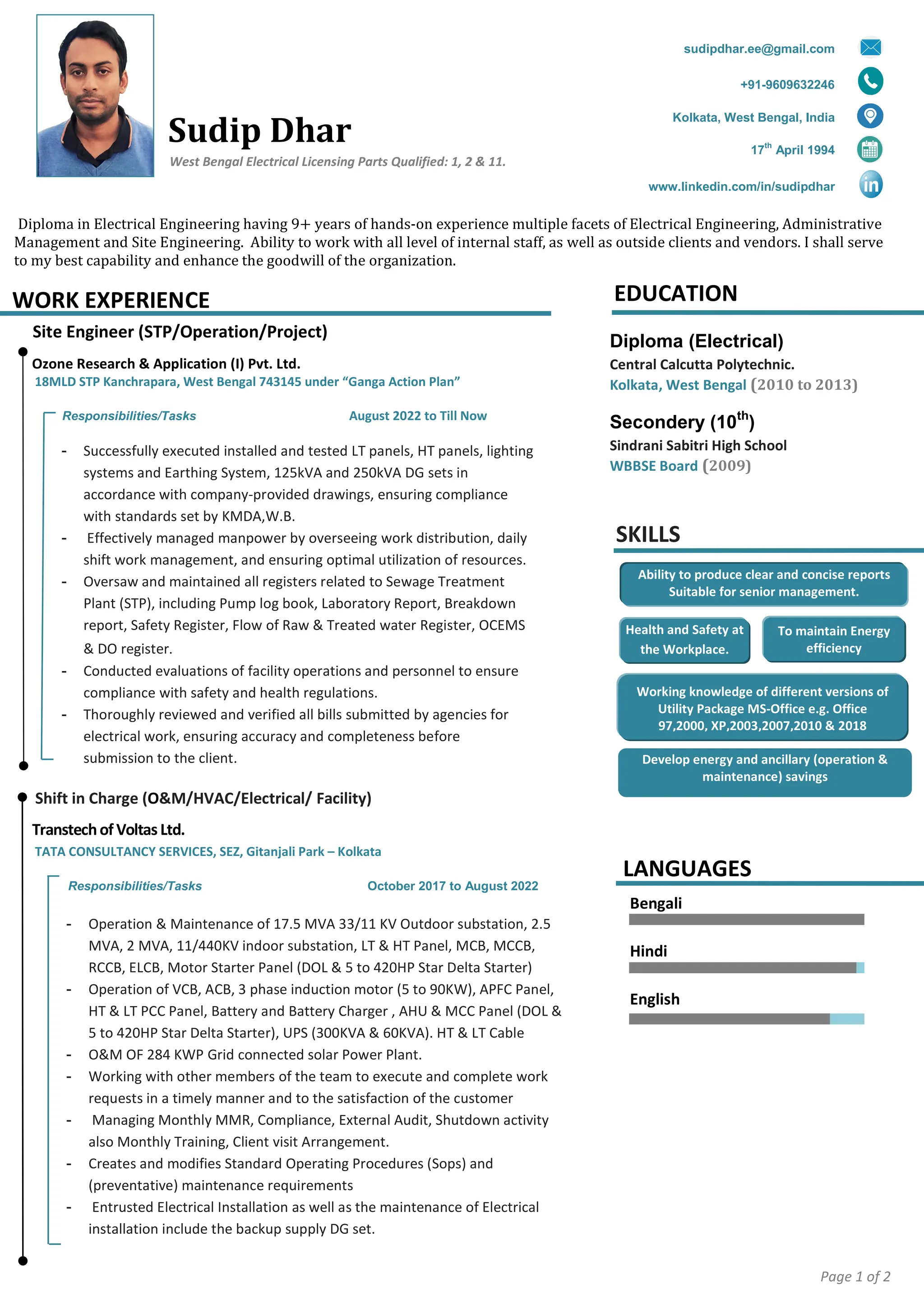 SUDIP DHAR Resume electrical Engineering | PDF | Civil Engineering Industry | Industries