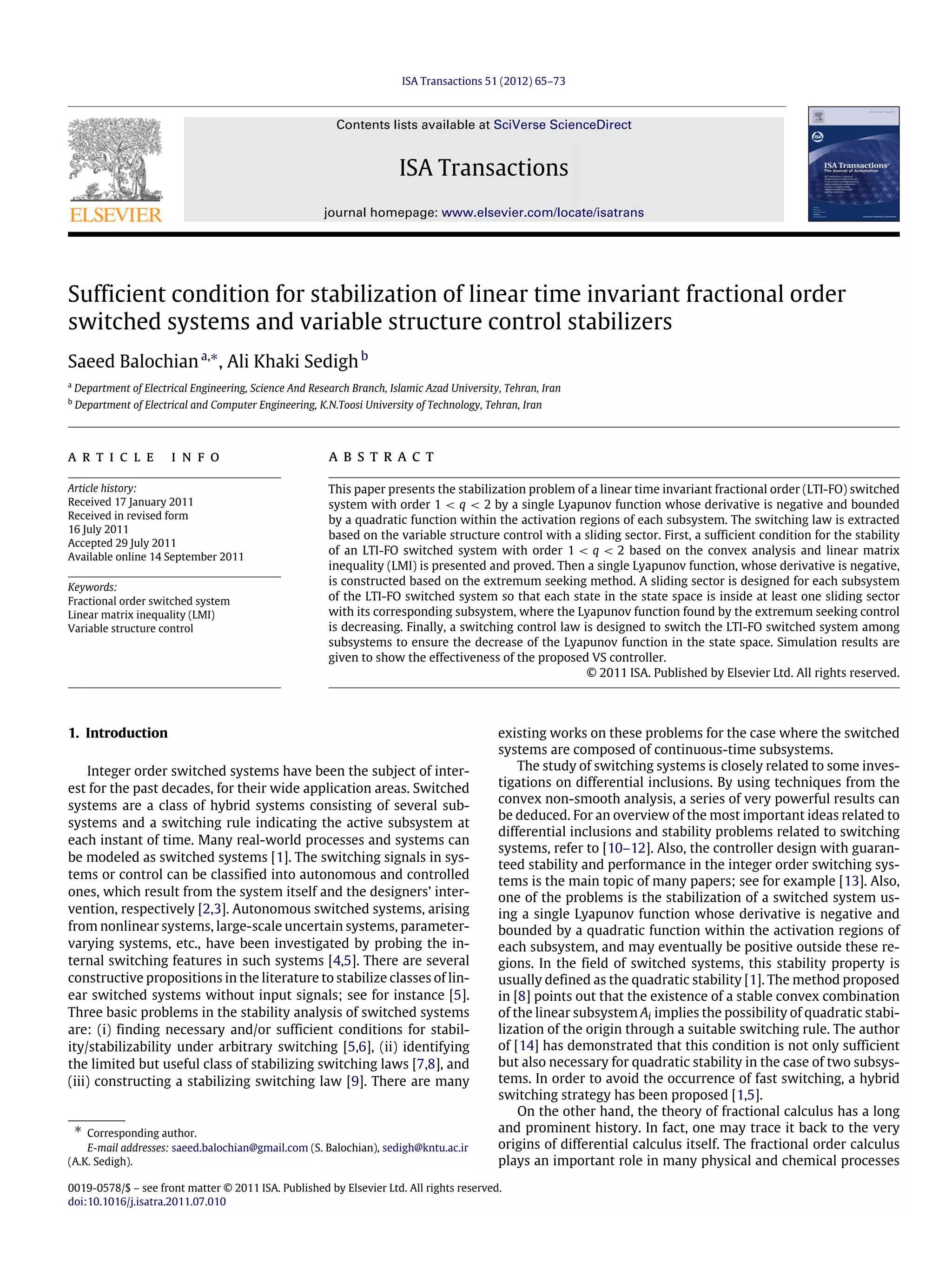 Sufficient condition for stabilization of linear time invariant ...