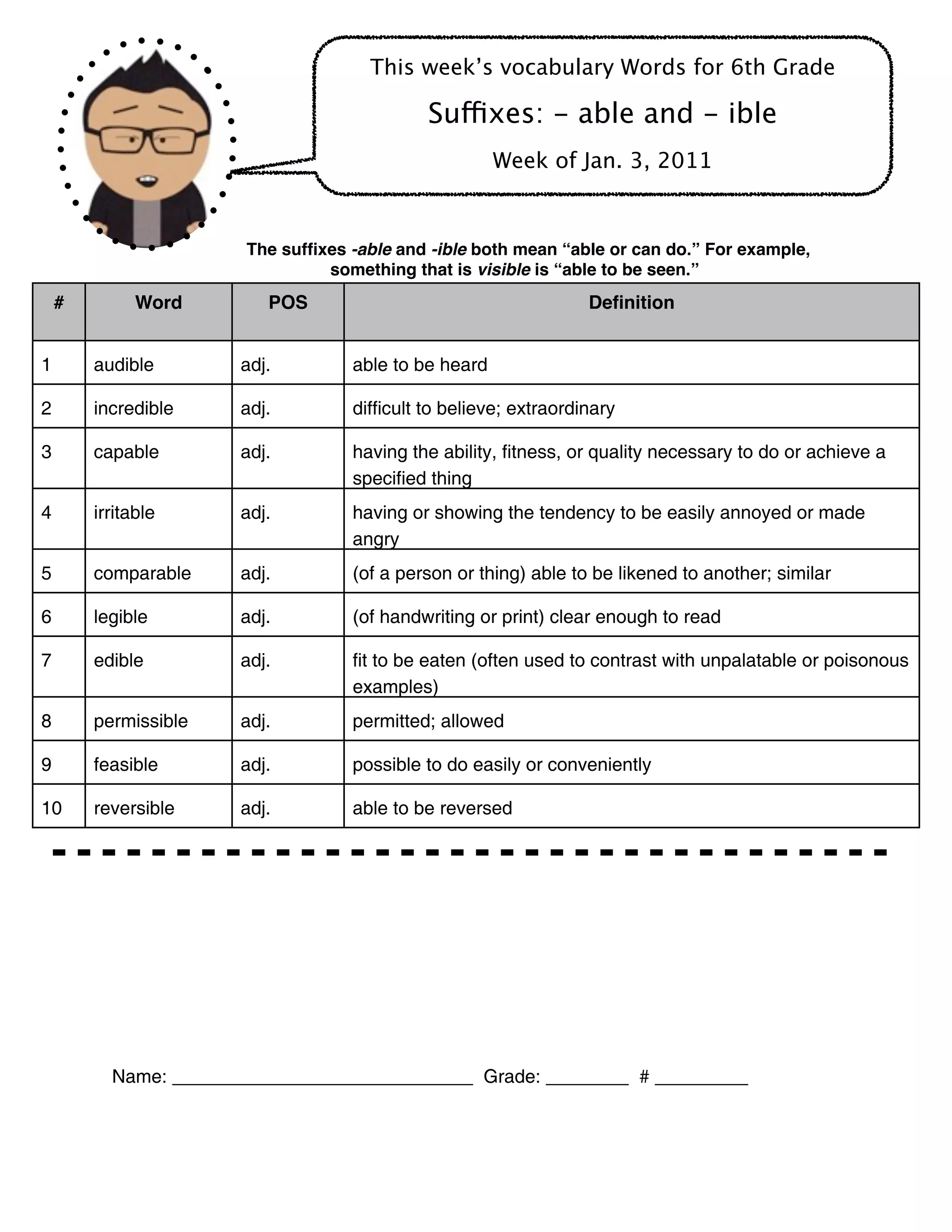 Suffixes able and -ible with definitions (6) | PAGES