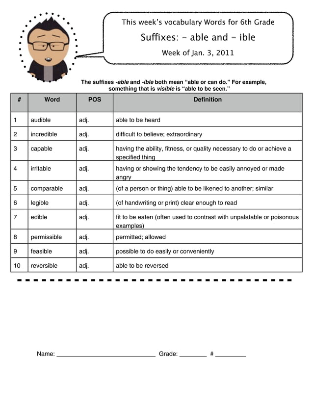Suffixes able and -ible with definitions (6) | PAGES