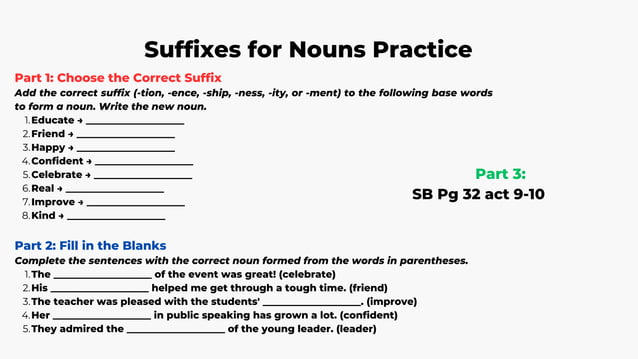 VERBS, NOUNS, ADJECTIVES AND SUFFIXES FOR NOUNS | PPT